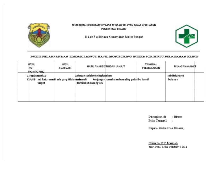 (PDF) Bukti Pelaksanaan Tindak Lanjut Hasil Monitoring Indikator Mutu Pelayanan Klinis | PDF