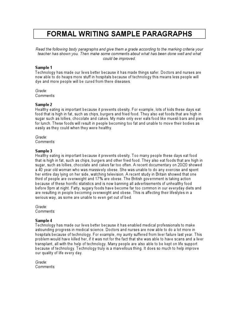 Formal Writing Sample Paragraphs | PDF | Healthy Diet | Obesity
