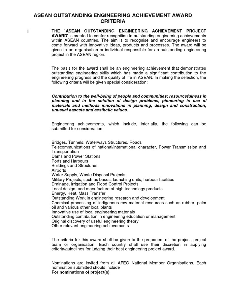 Criteria For Asean Outstanding Engineering Achievement Award PDF ...