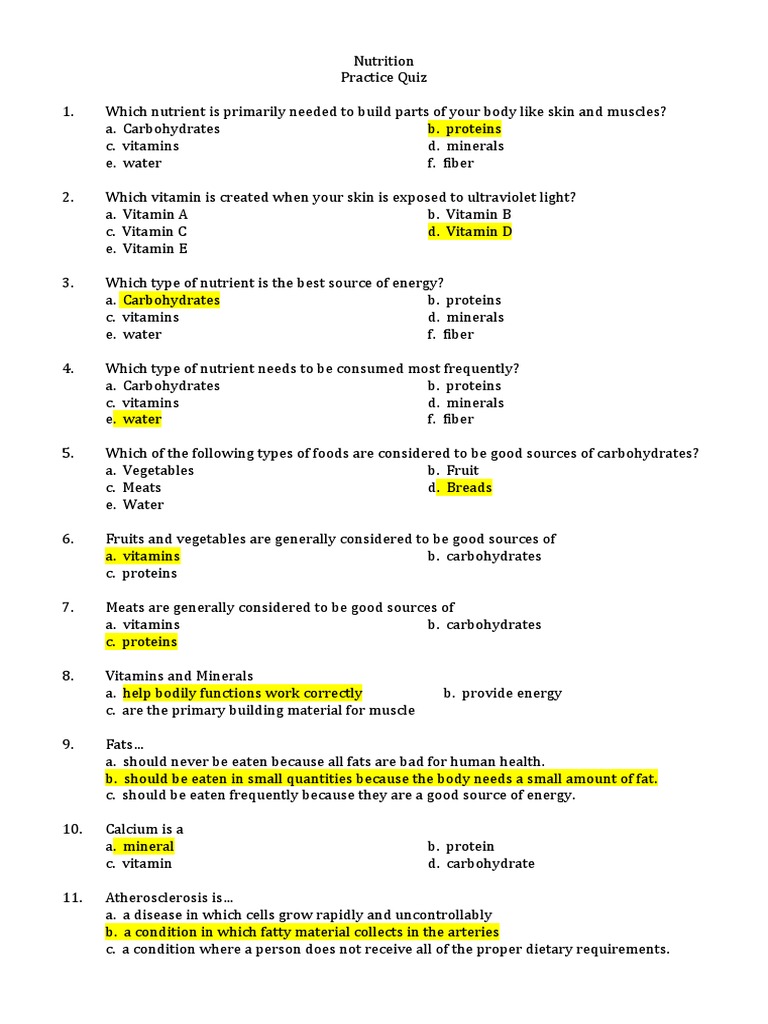 Practice Quiz Nutrition Answer Key | PDF | Vitamin | Nutrients
