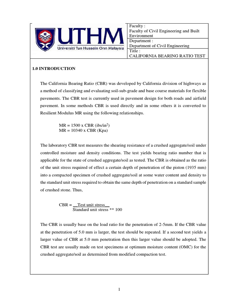CBR Lab Sheet - Mco | PDF | Deformation (Engineering) | Materials