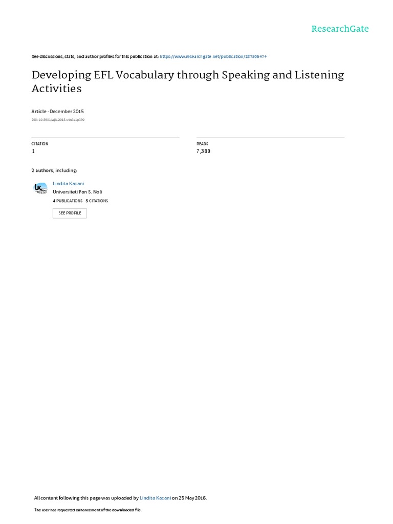 Developing EFL Vocabulary Through Speaking and Listening Activities | PDF