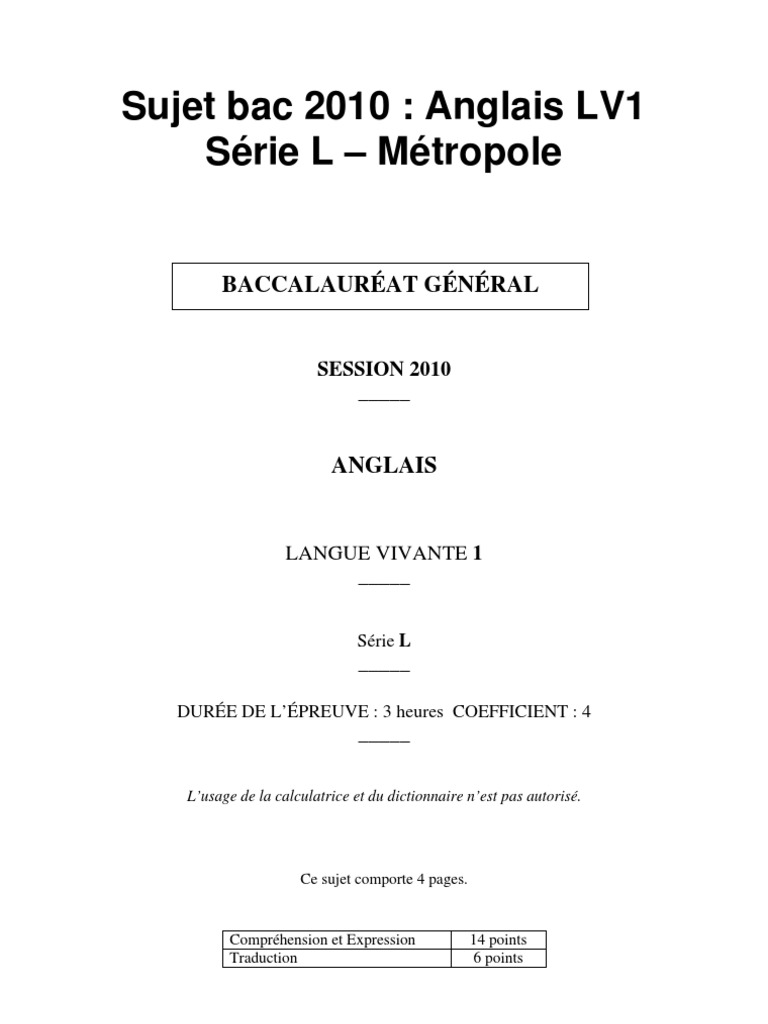 Sujet Bac 2010: Anglais LV1 Série L - Métropole: Baccalauréat Général ...
