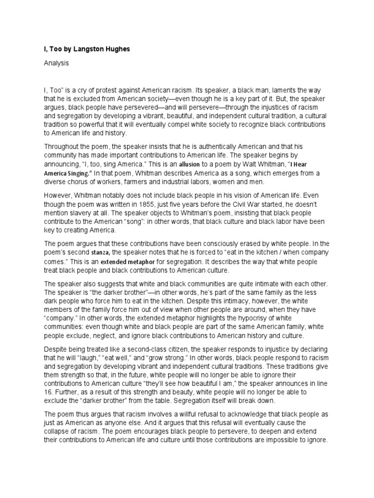 I, Too by Langston Hughes | PDF | Black People | Poetry