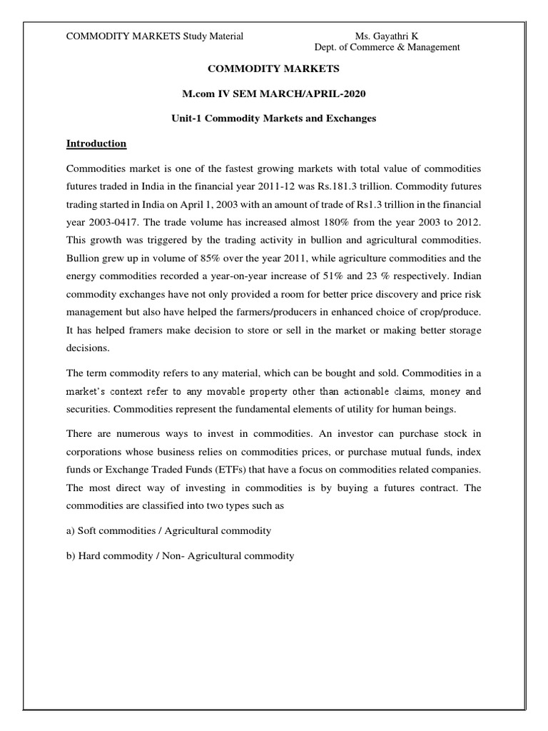 COMMODITY MARKETS Study Material (IV Mcom April-2020) PDF | PDF | Commodity Markets | Speculation