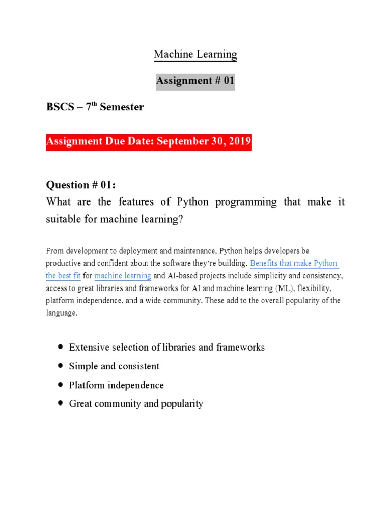 Assignment # 01 Bscs - 7 Semester: Machine Learning | PDF | Machine ...
