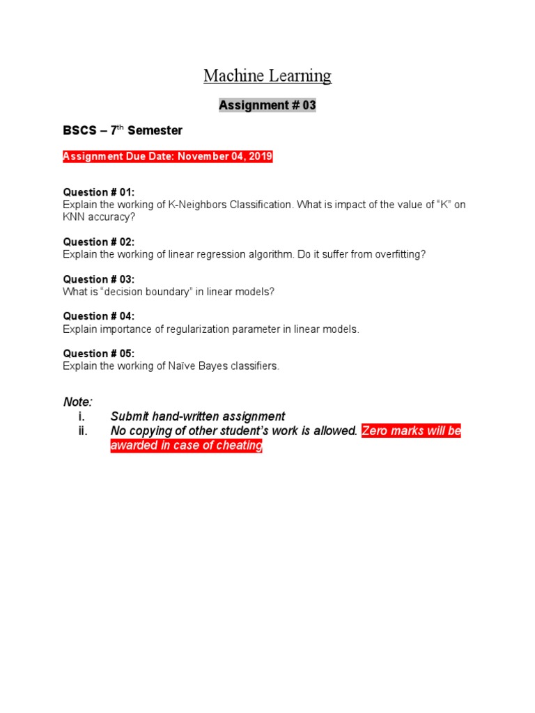 Machine Learning: Assignment # 03 Bscs - 7 Semester | PDF