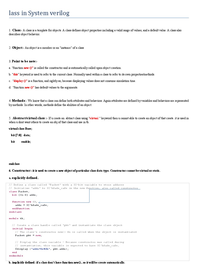 Class In System Verilog Pdf Class Computer Programming Constructor Object Oriented