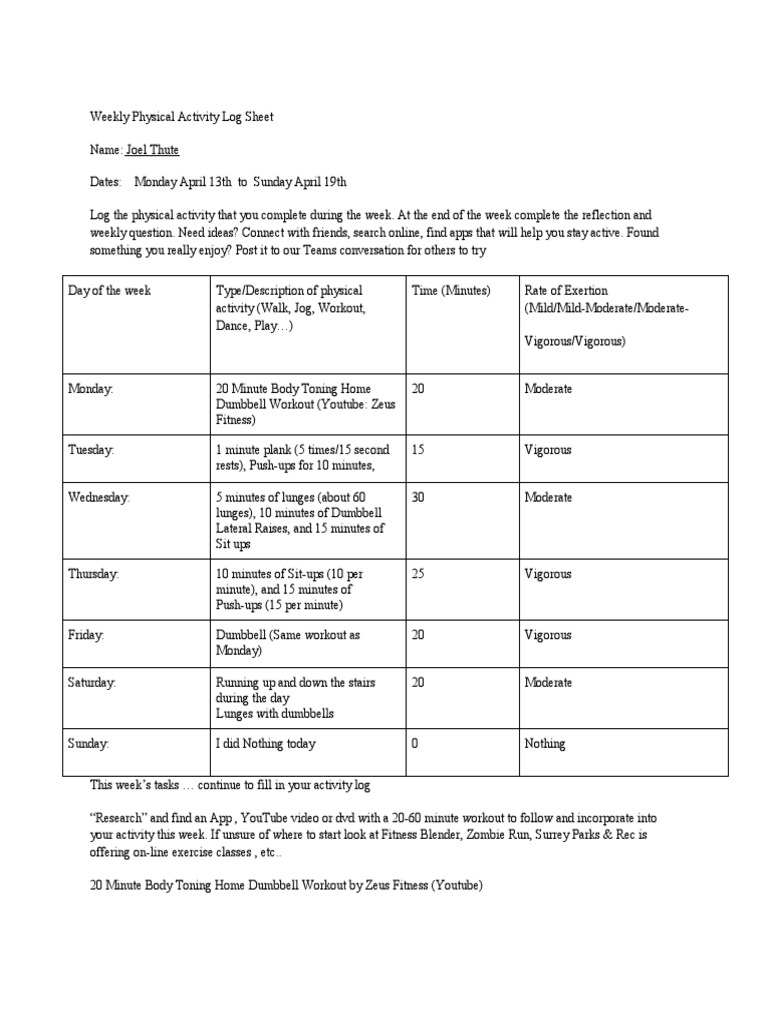 Weekly Physical Activity Log Sheet | PDF | Wellness | Medical