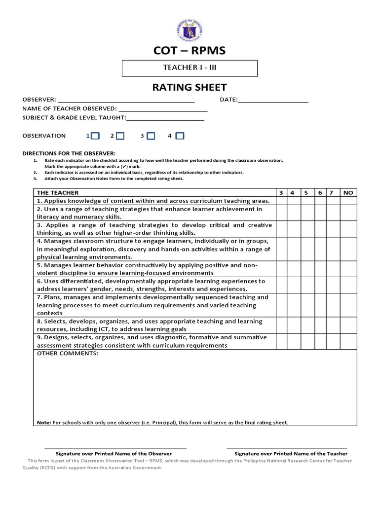 Cot Rating Sheet | PDF | Curriculum | Educational Technology