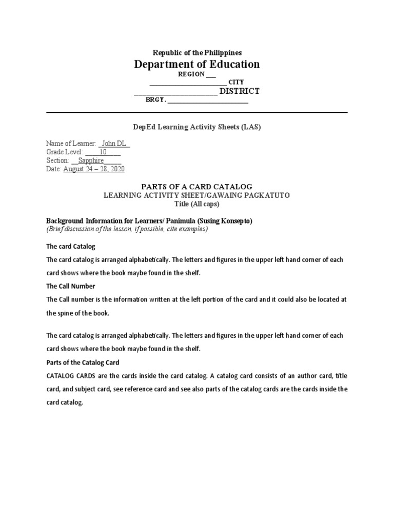 Learning Activity Sheets Sample | PDF