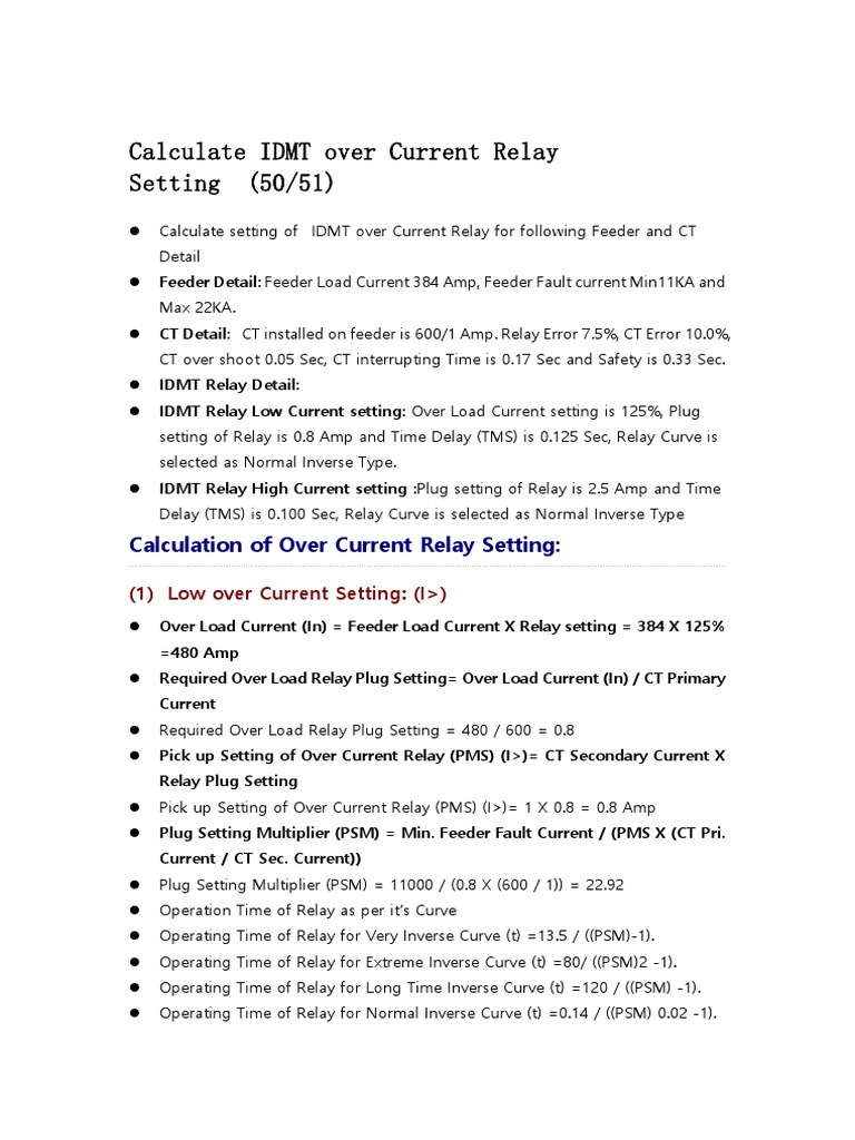 Calculate IDMT Over Current Relay Setting (50/51) | PDF | Relay ...