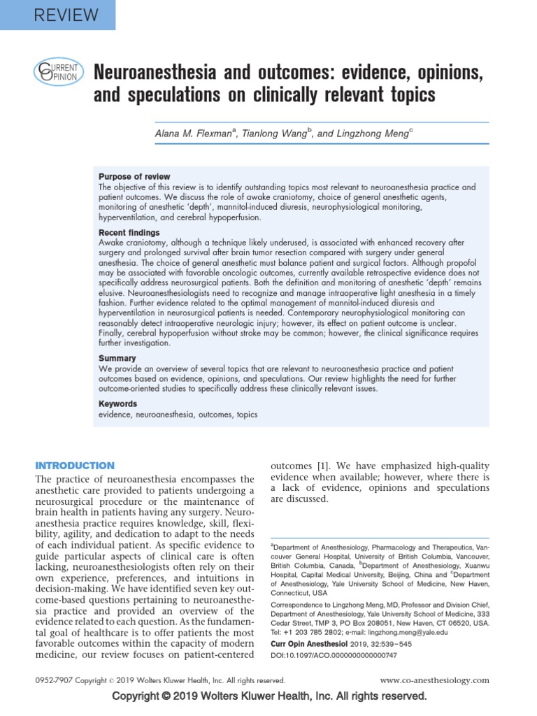 Neuroanesthesia and Outcomes: Evidence, Opinions, and Speculations On ...