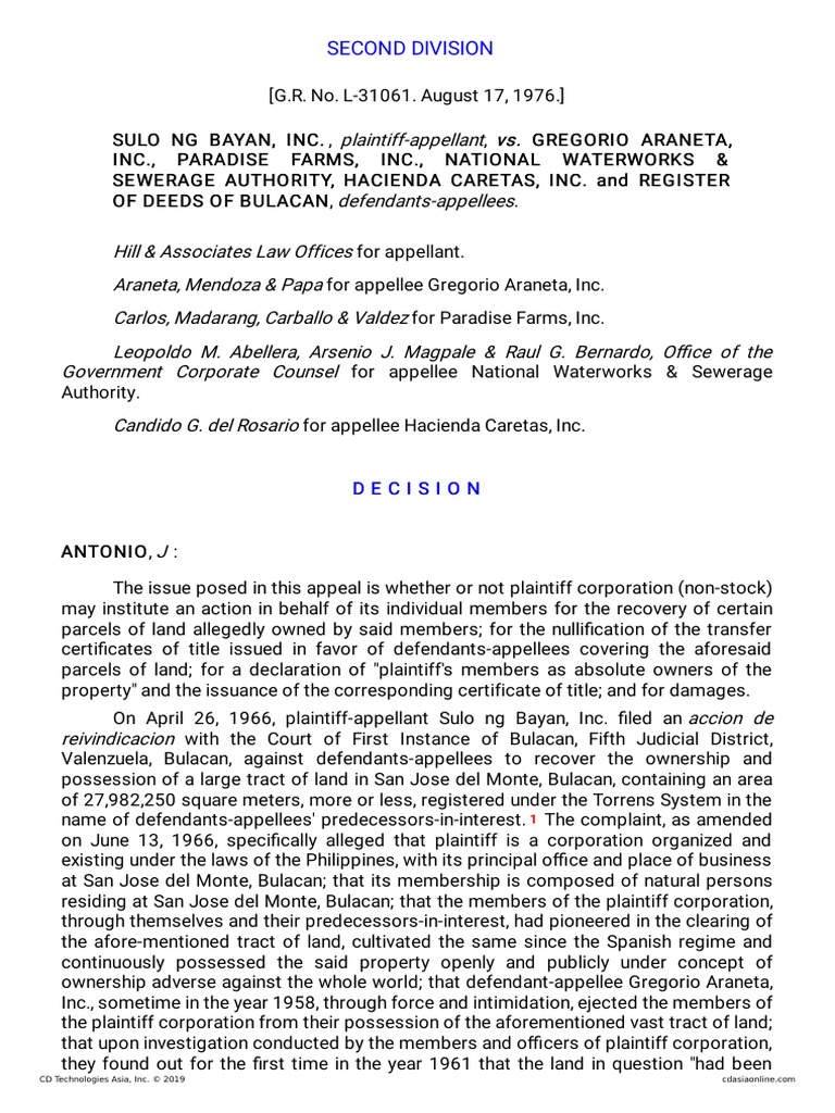 WEEK1-2 04 Sulo NG Bayan Inc. v. Gregorio Araneta Inc. | PDF | Lawsuit ...