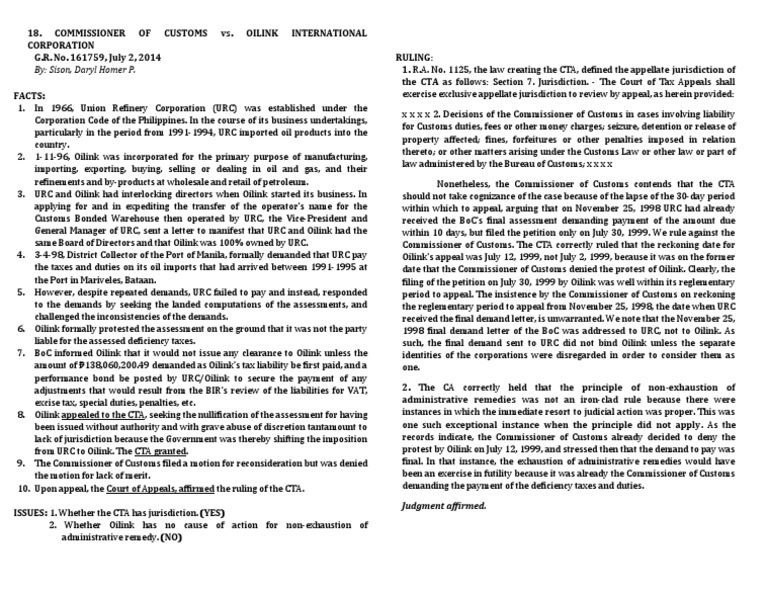 Commisioner of Costum Vs Oilink International Corporation | PDF ...