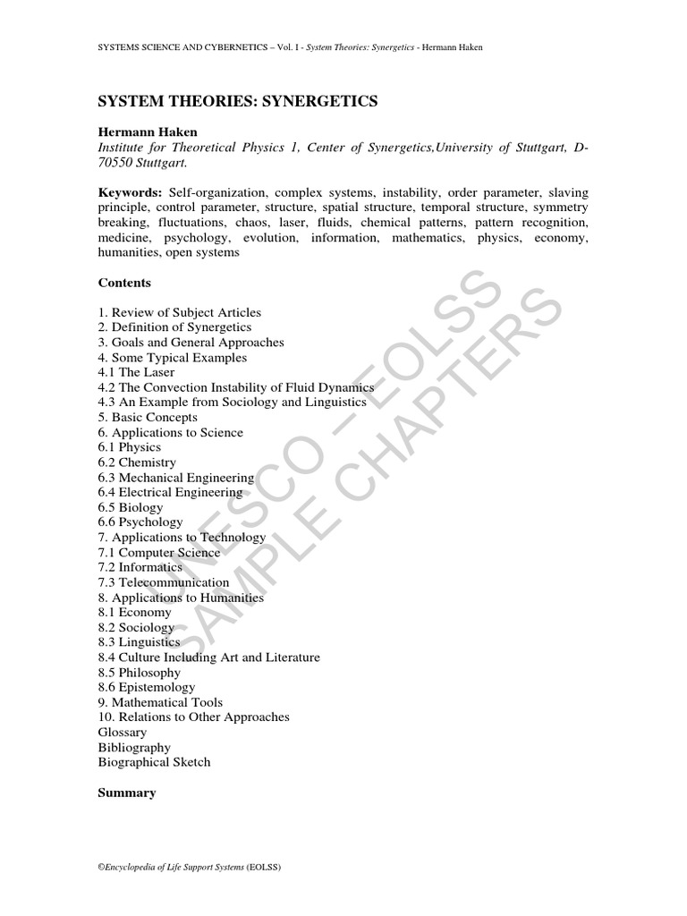 Unesco - Eolss Sample Chapters: System Theories: Synergetics | PDF ...