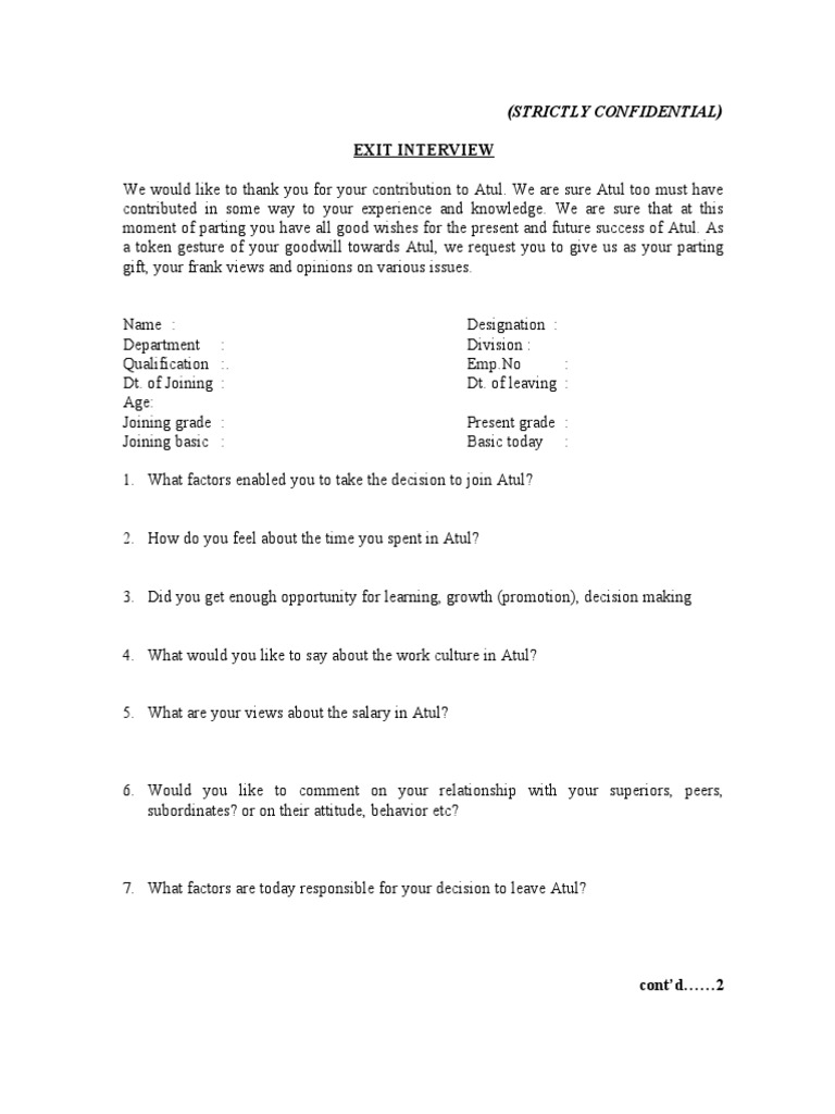 Exit Interview: (Strictly Confidential) | PDF | Behavior Modification | Psychological Concepts