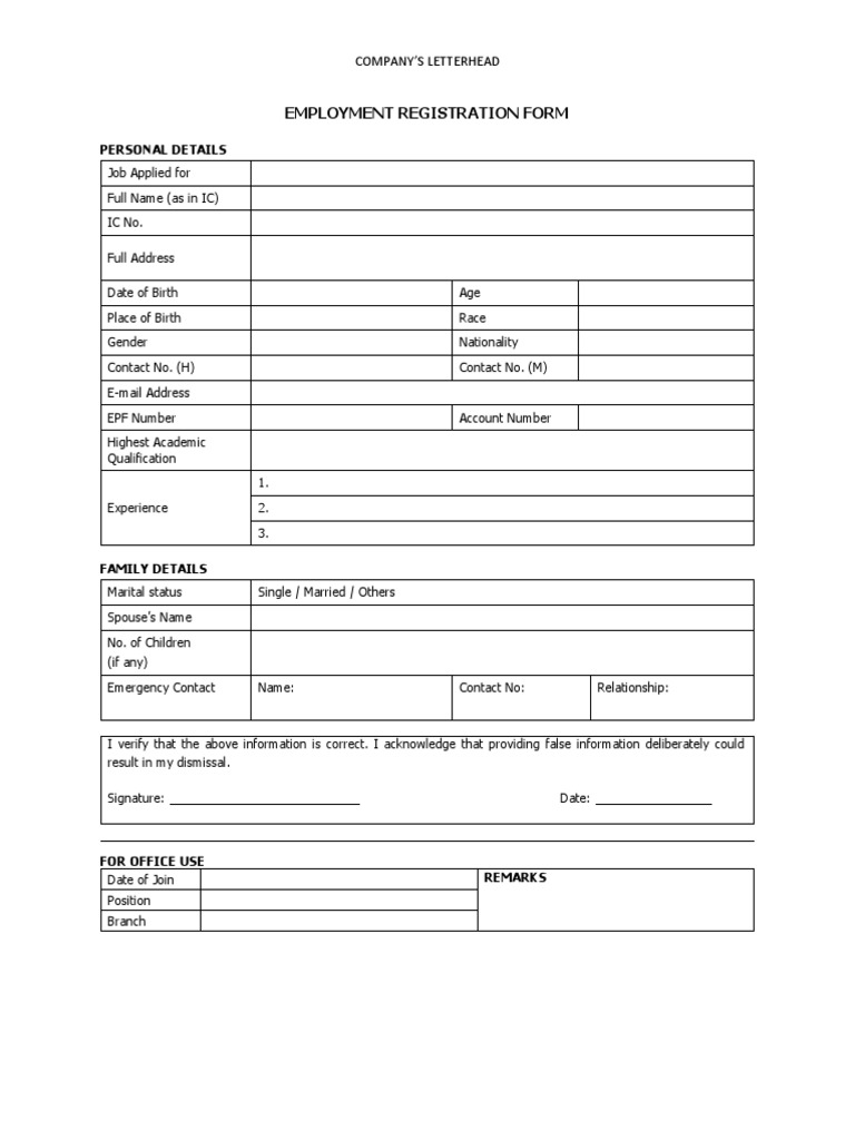Employment Registration Form Template | PDF | Law