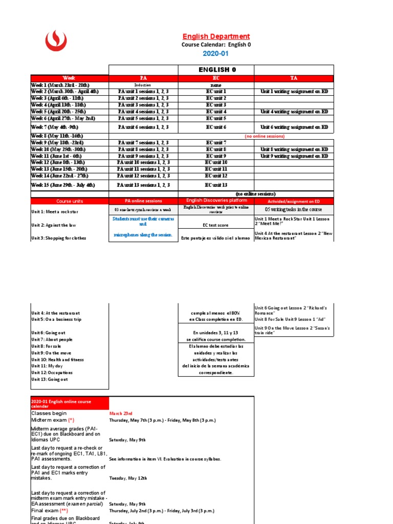 E0 Calendario Inglés UPC 2020-01 | PDF