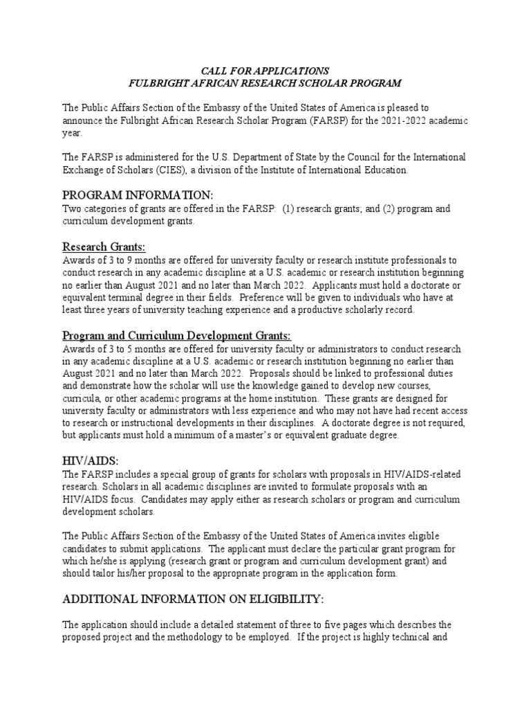 Program Information:: Call For Applications Fulbright African Research ...