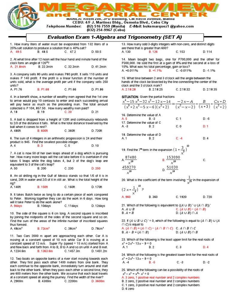 Algebra and Trigonometry Exam 1 | PDF | Triangle | Euclidean Geometry