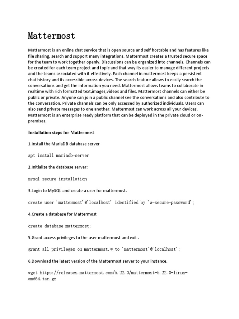 Mattermost: Installation Steps For Mattermost | PDF | Sudo | Databases