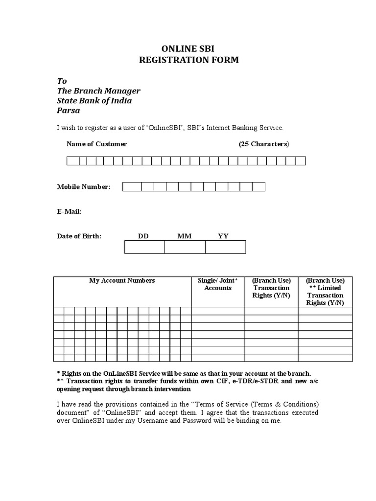 Online Sbi Registration Form: To The Branch Manager State Bank of India ...
