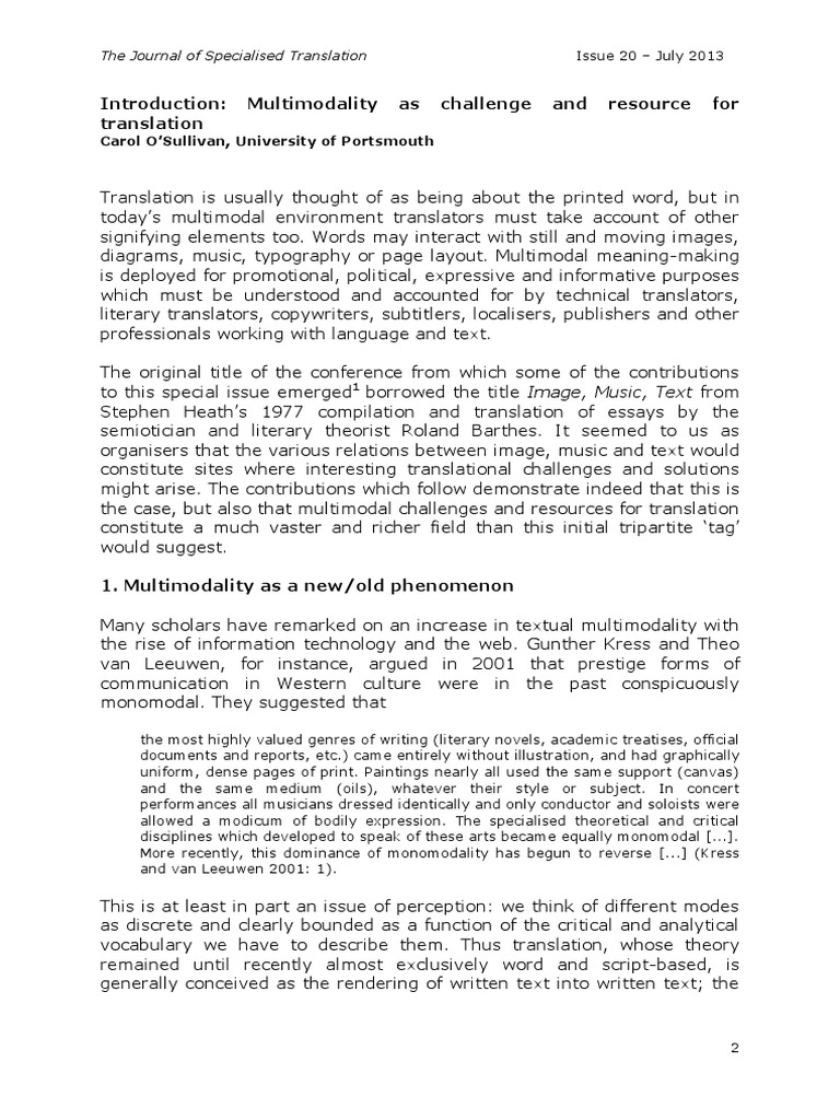 Introduction: Multimodality As Challenge and Resource For Translation ...