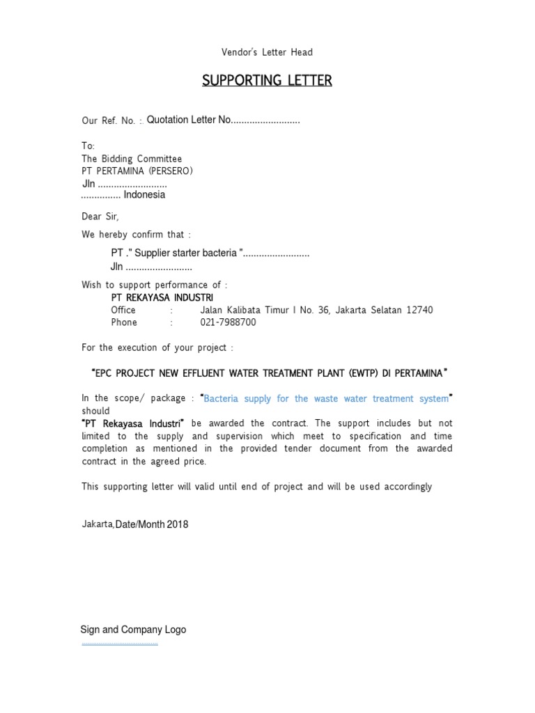 Draft Supporting Letter Supply Bacteria EWTP Pertamina | PDF
