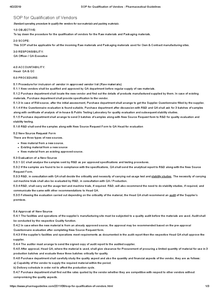 SOP For Qualification of Vendors - Pharmaceutical Guidelines | PDF ...