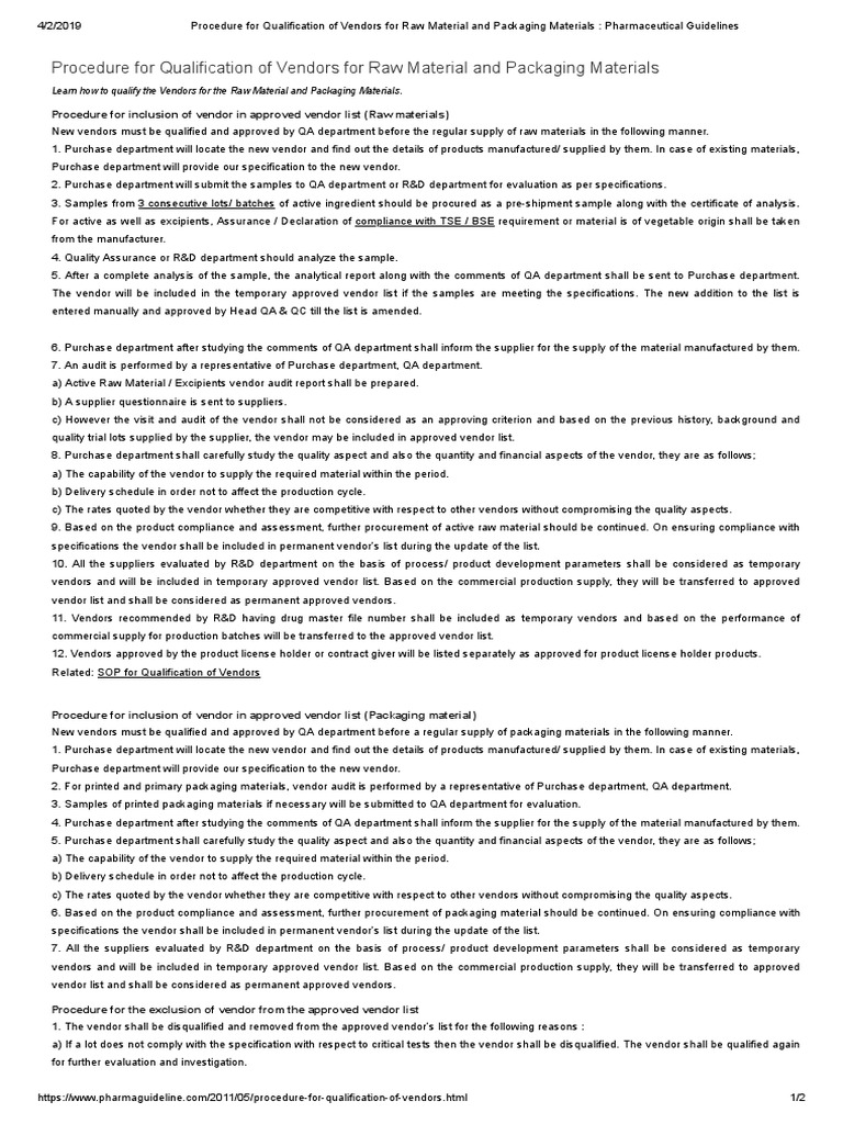 Procedure For Qualification of Vendors For Raw Material and Packaging ...
