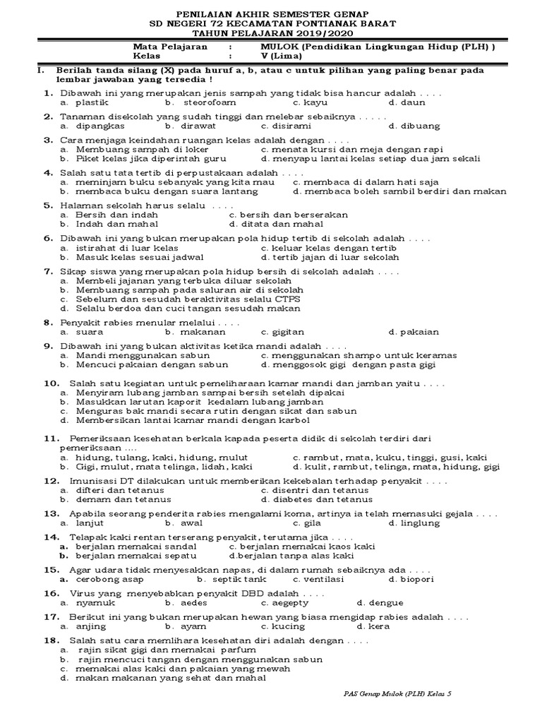Soal Pas Genap Mulok Plh-Kelas 5 1920 | PDF | Sains & Matematika