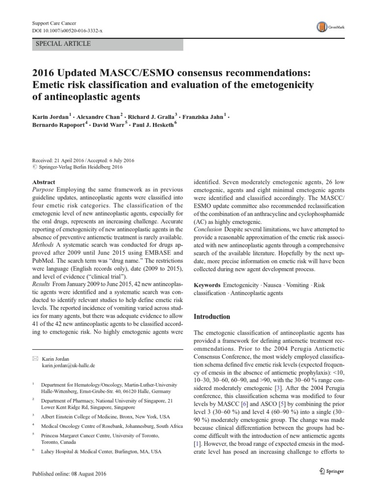 2016 Updated MASCC/ESMO Consensus Recommendations: Emetic Risk ...