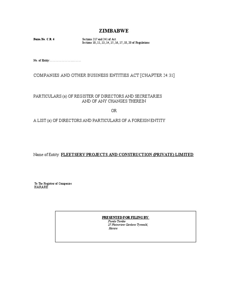 Zimbabwe: Companies and Other Business Entities Act (Chapter 24:31) | PDF