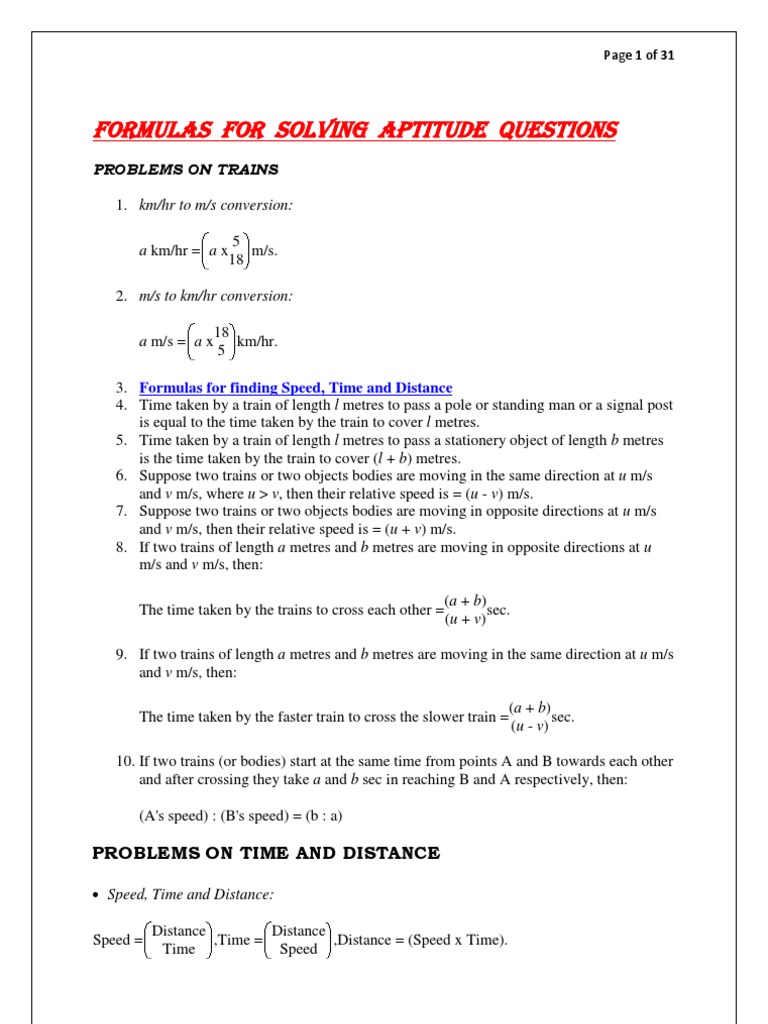 Aptitude Formulas for Speed and Distance | PDF | Fraction (Mathematics ...