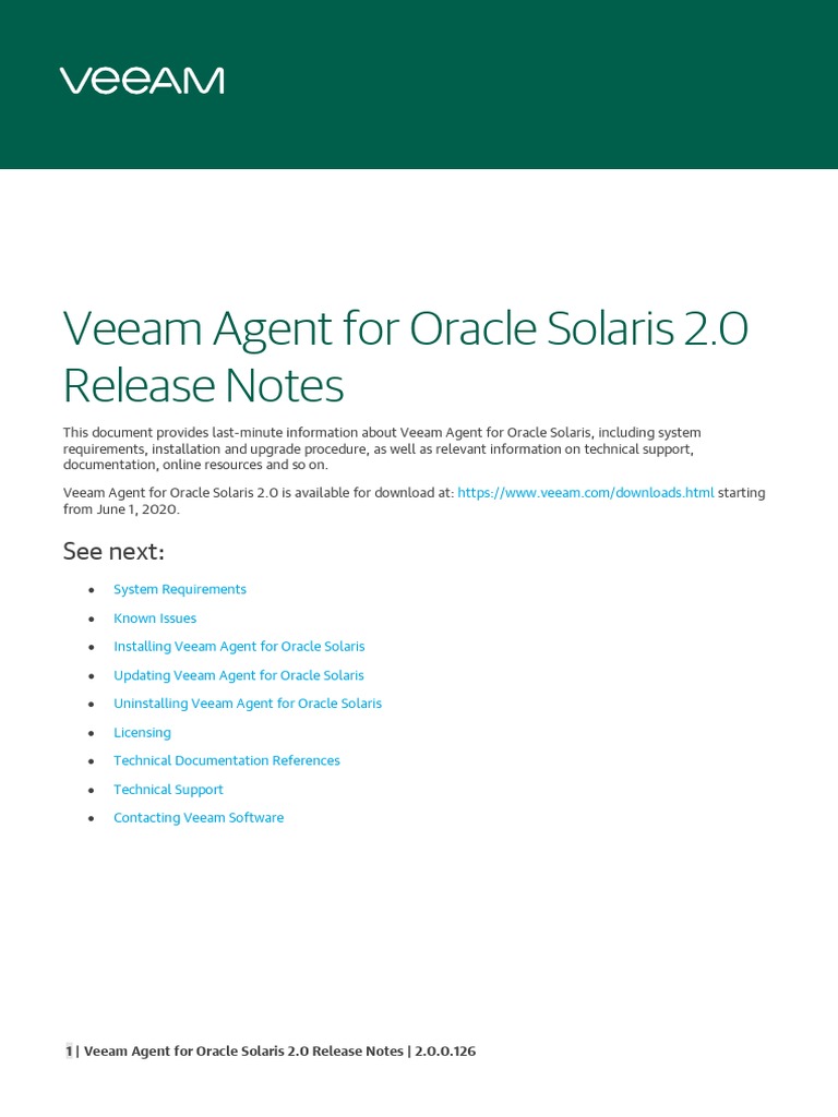 Veeam Agent For Oracle Solaris 2 0 Release Notes Pdf Backup Operating System