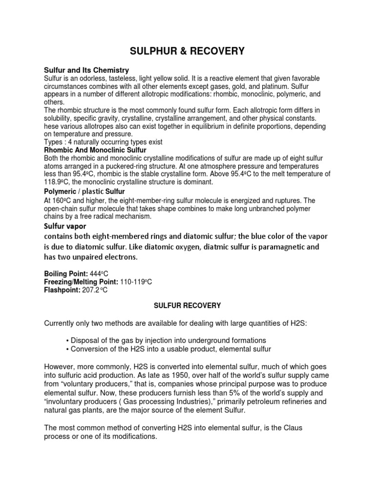 6 Sulphur & Recovery | PDF | Sulfur | Chemical Reactions