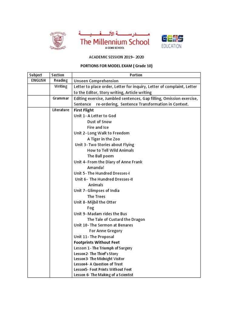 First Flight: Portions For Model Exam (Grade 10) | PDF