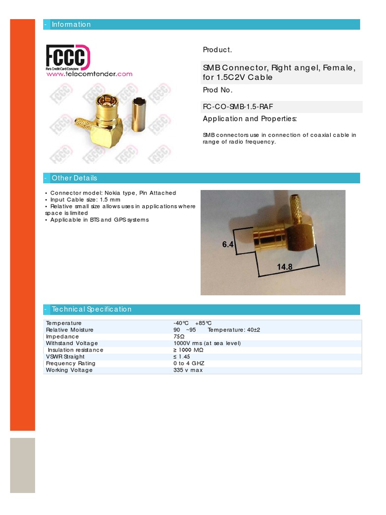 SMB Connector, Right Angel, Female, For 1.5C2V Cable: - Information | PDF