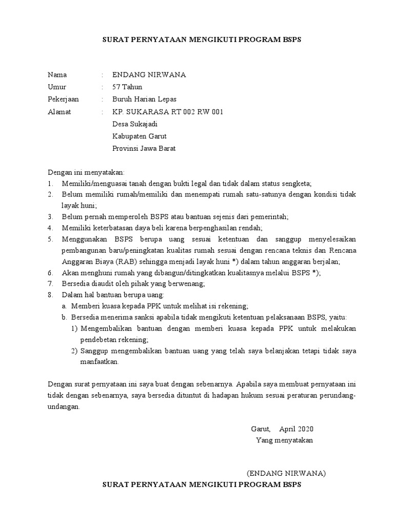 Surat Pernyataan Program BSPS | PDF