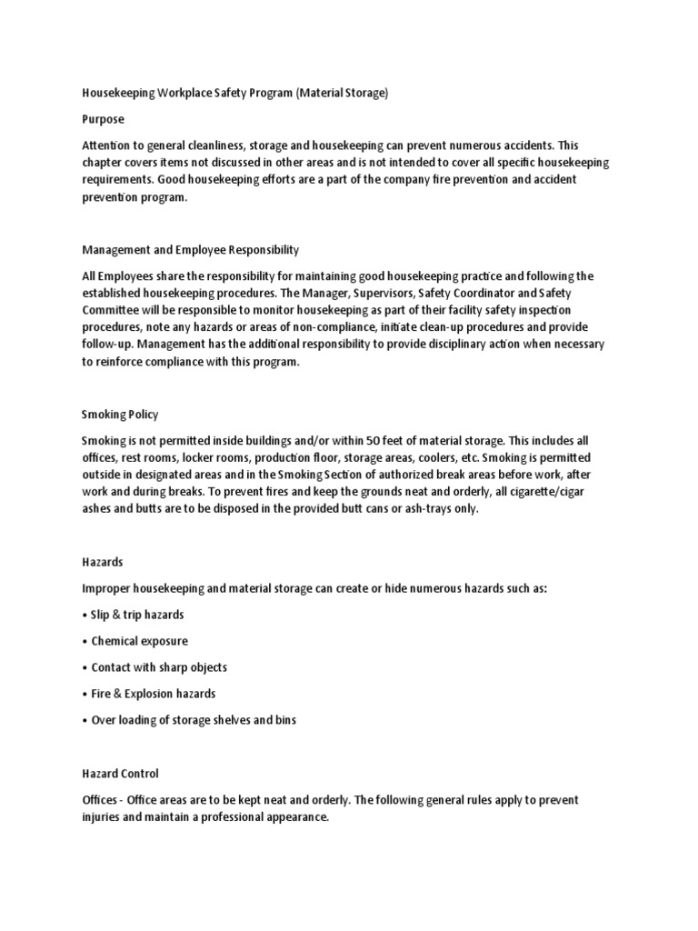 Housekeeping Workplace Safety Program | PDF | Housekeeping ...