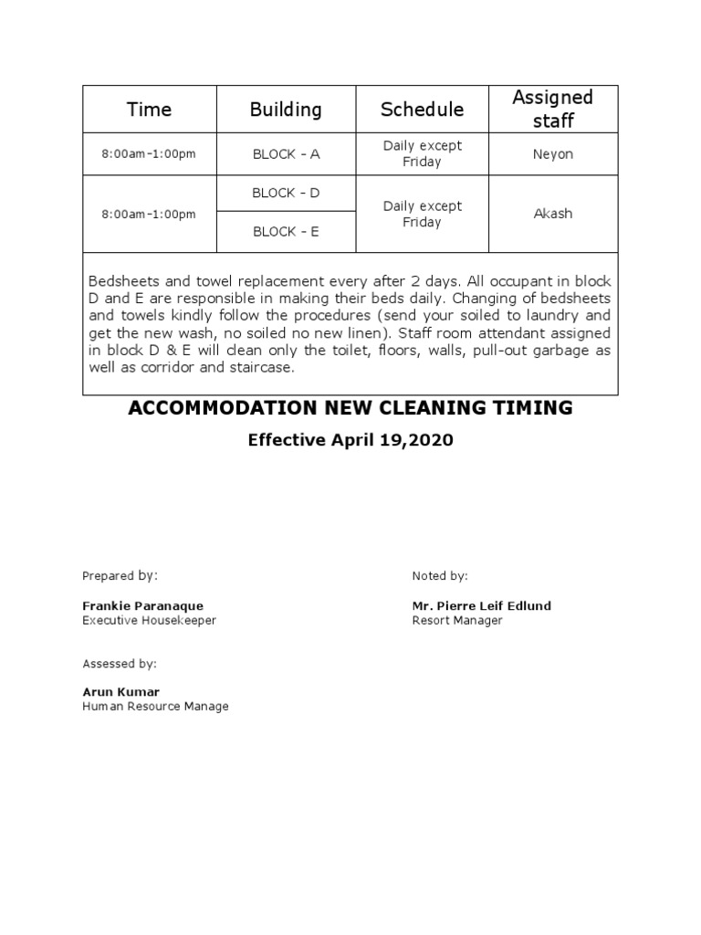 Accommodation Cleaning Timing | PDF