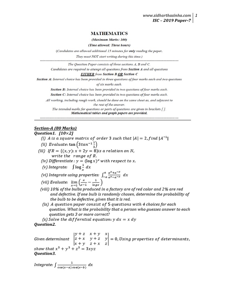 ISC 2019 Paper-7 | PDF | Maxima And Minima | Analysis