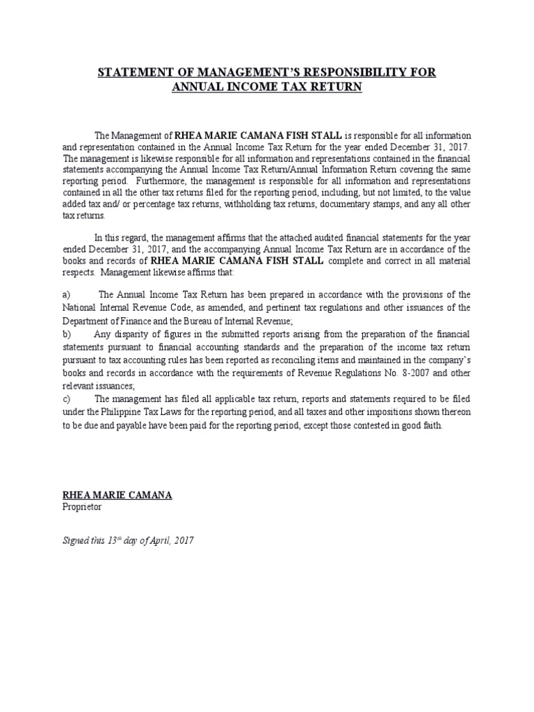 Statement of Management'S Responsibility For Annual Income Tax Return | PDF