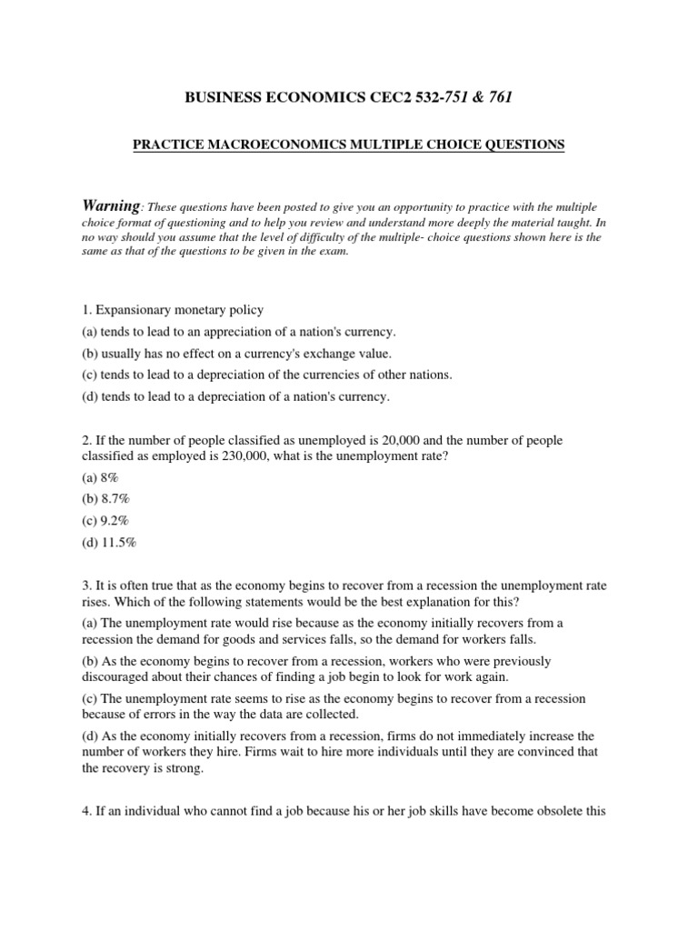 Practice Macro Economics Multiple Choice Questions | PDF | Money Supply ... Practice Macro Economics Multiple Choice Questions | PDF | Money Supply ...