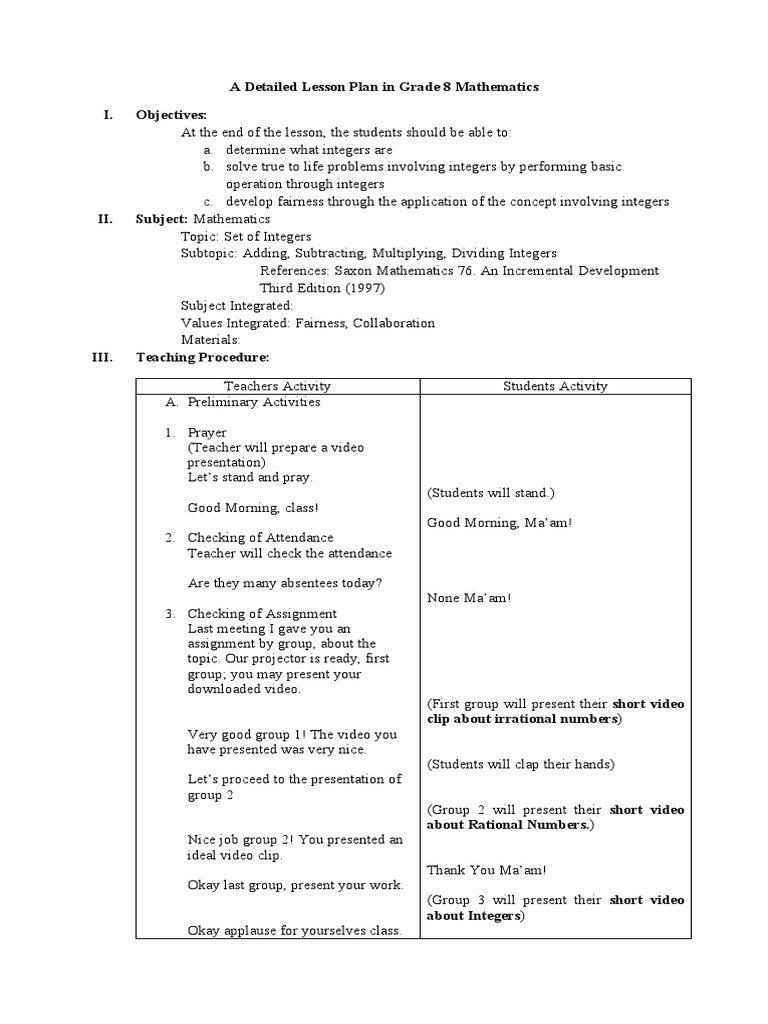 Grade 8 Integer Lesson Plan | PDF | Subtraction | Numbers