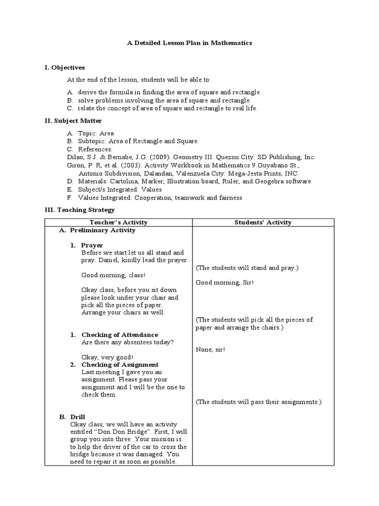 A Detailed Lesson Plan in Mathematics (Joven) | PDF | Area | Length
