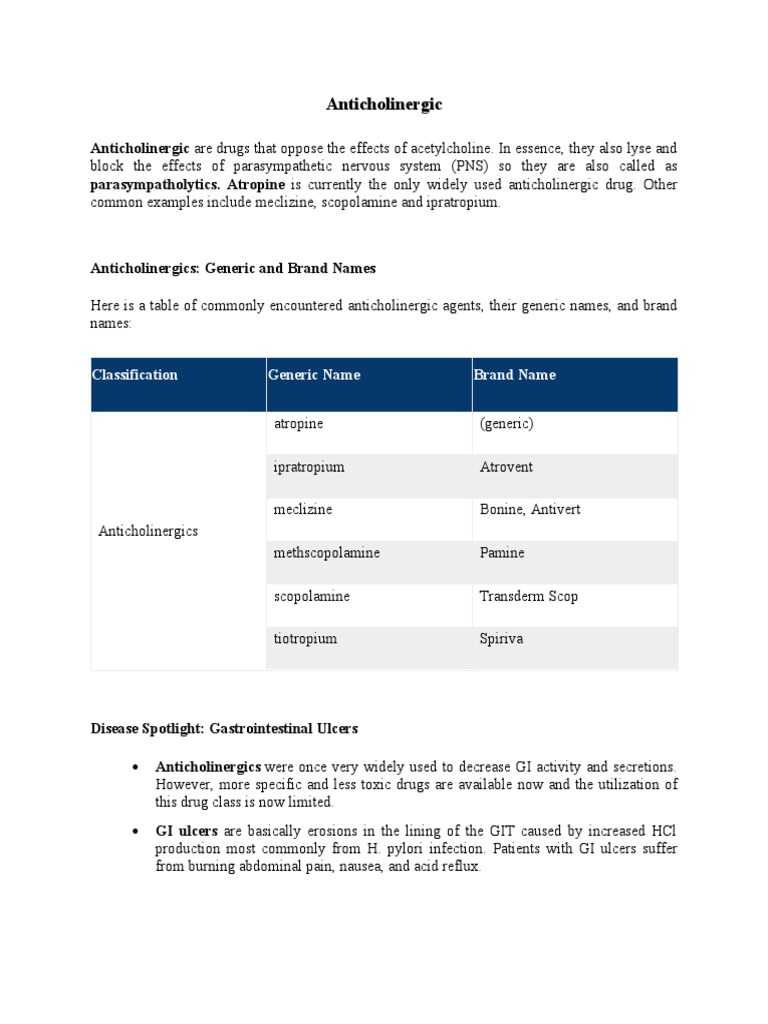 Anticholinergic: Classification Generic Name Brand Name | PDF ...