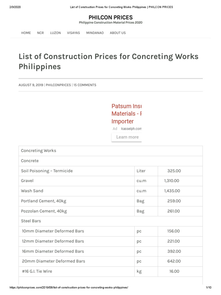 List of Construction Prices For Concreting Works Philippines - PHILCON ...