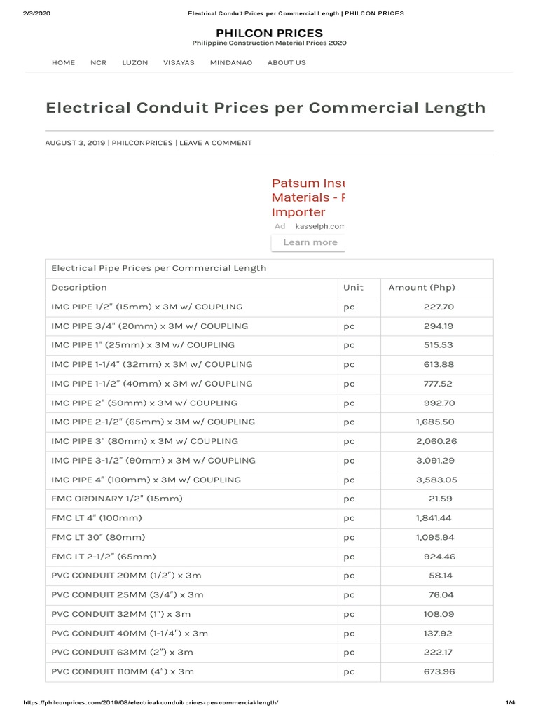 Electrical Conduit Prices Per Commercial Length - PHILCON PRICES | PDF ...